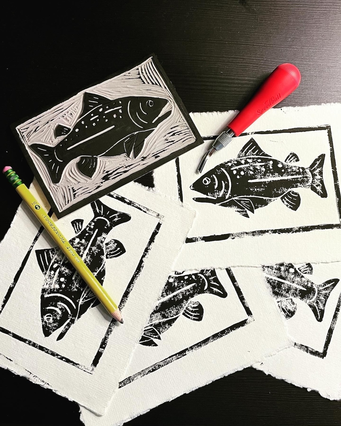 Original Black and White Fish Linoleum Print - Etsy