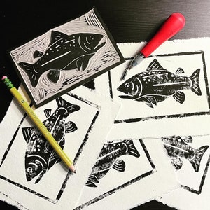 Original Black and White Fish Linoleum Print - Etsy