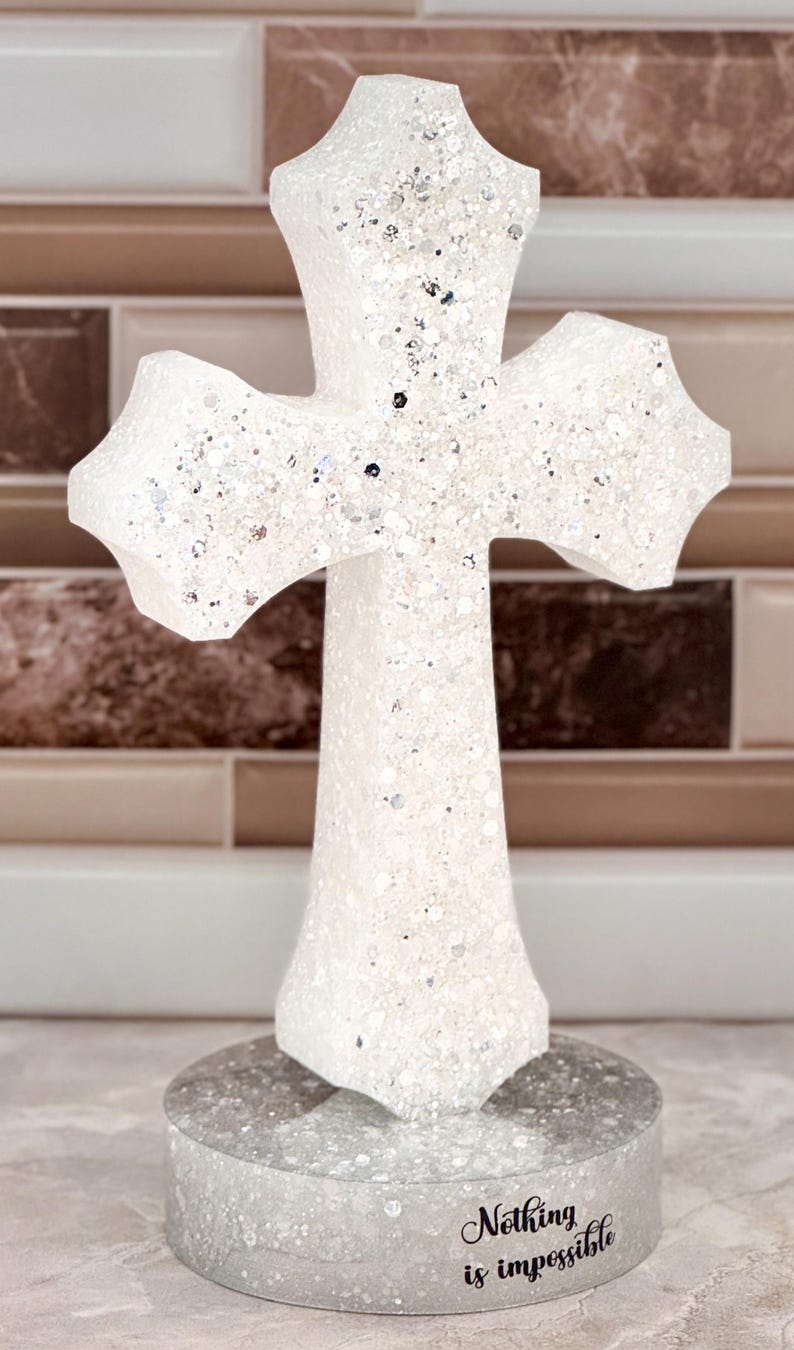 Handmade Glitter Cross With Silver Base: Resin Decor "nothing is ...