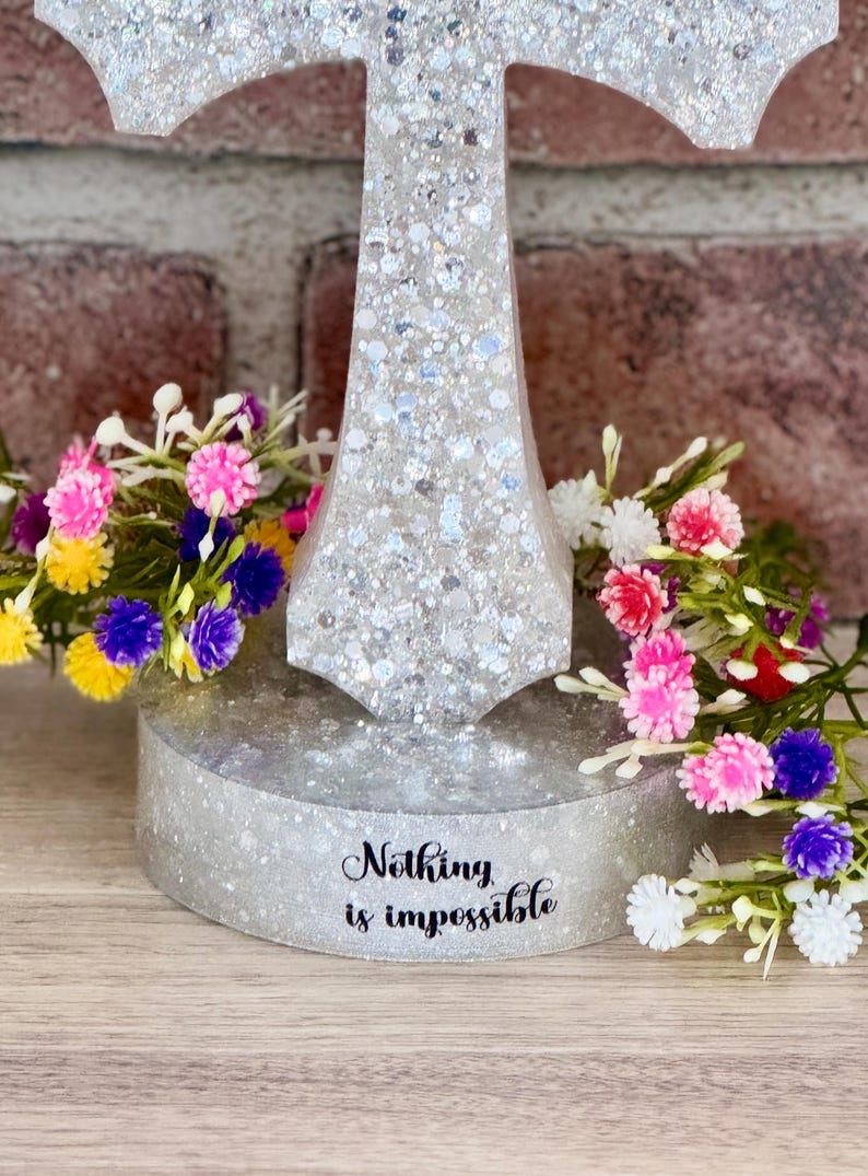 Handmade Glitter Cross With Silver Base: Resin Decor "nothing is ...