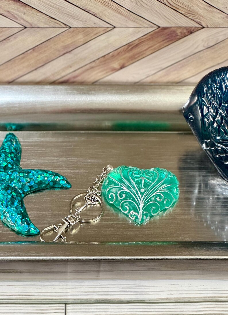 Teal and Silver Large Heart Keychain/purse Charm- Handmade From Resin ...