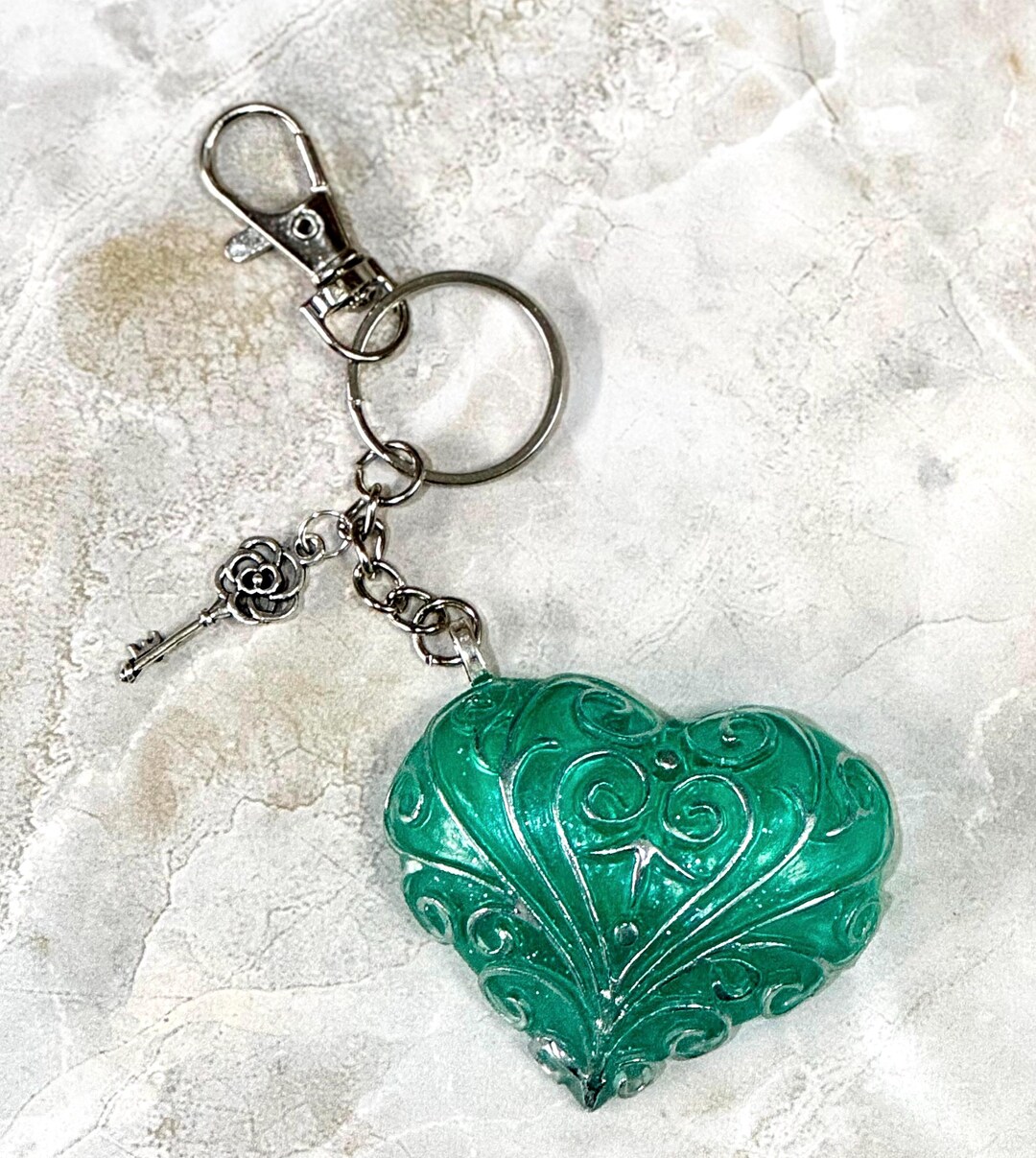 Teal and Silver Large Heart Keychain/purse Charm- Handmade From Resin ...