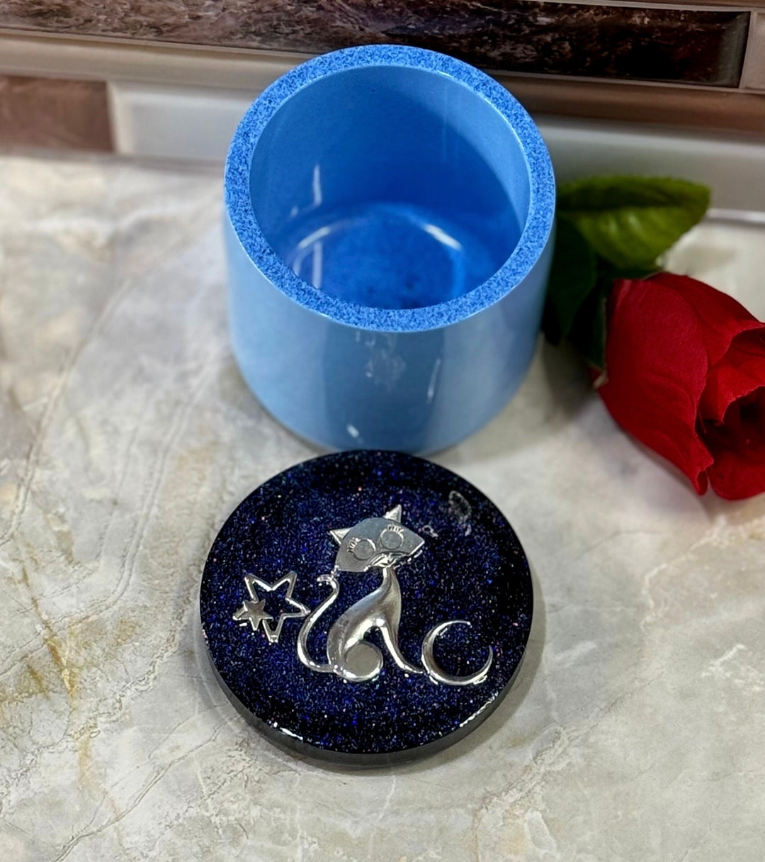 Starry Night Cat Jar With Moon and Stars. Handmade Blue Jar With Black ...