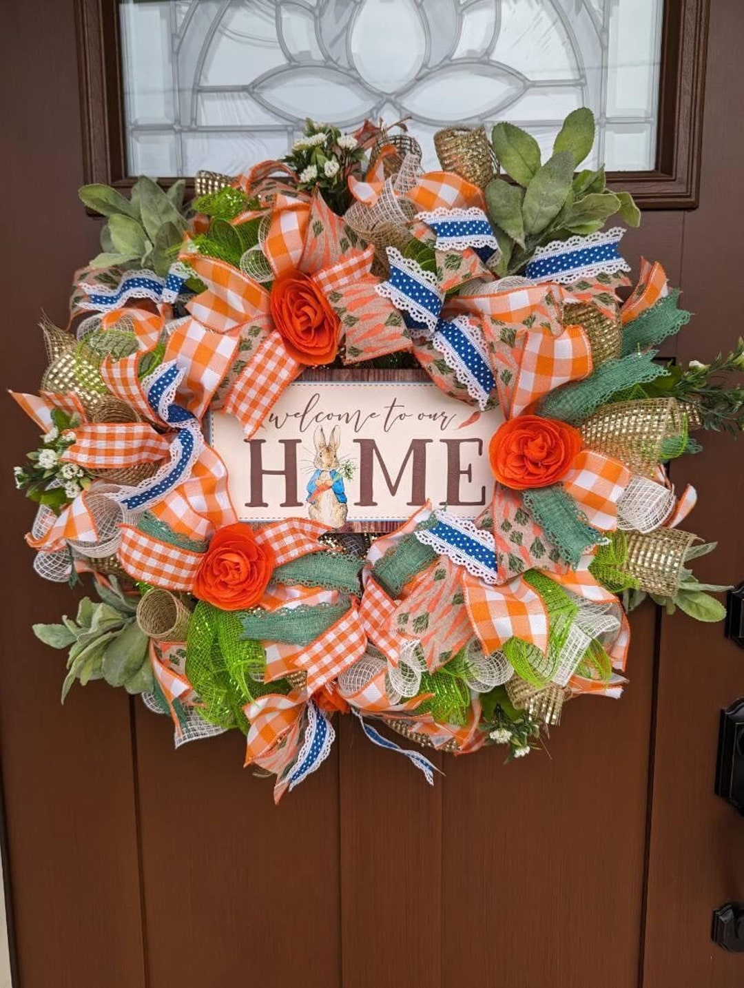 Spring welcome Deco Mesh Door Wreath, Featuring Gorgeous Faux Orange ...