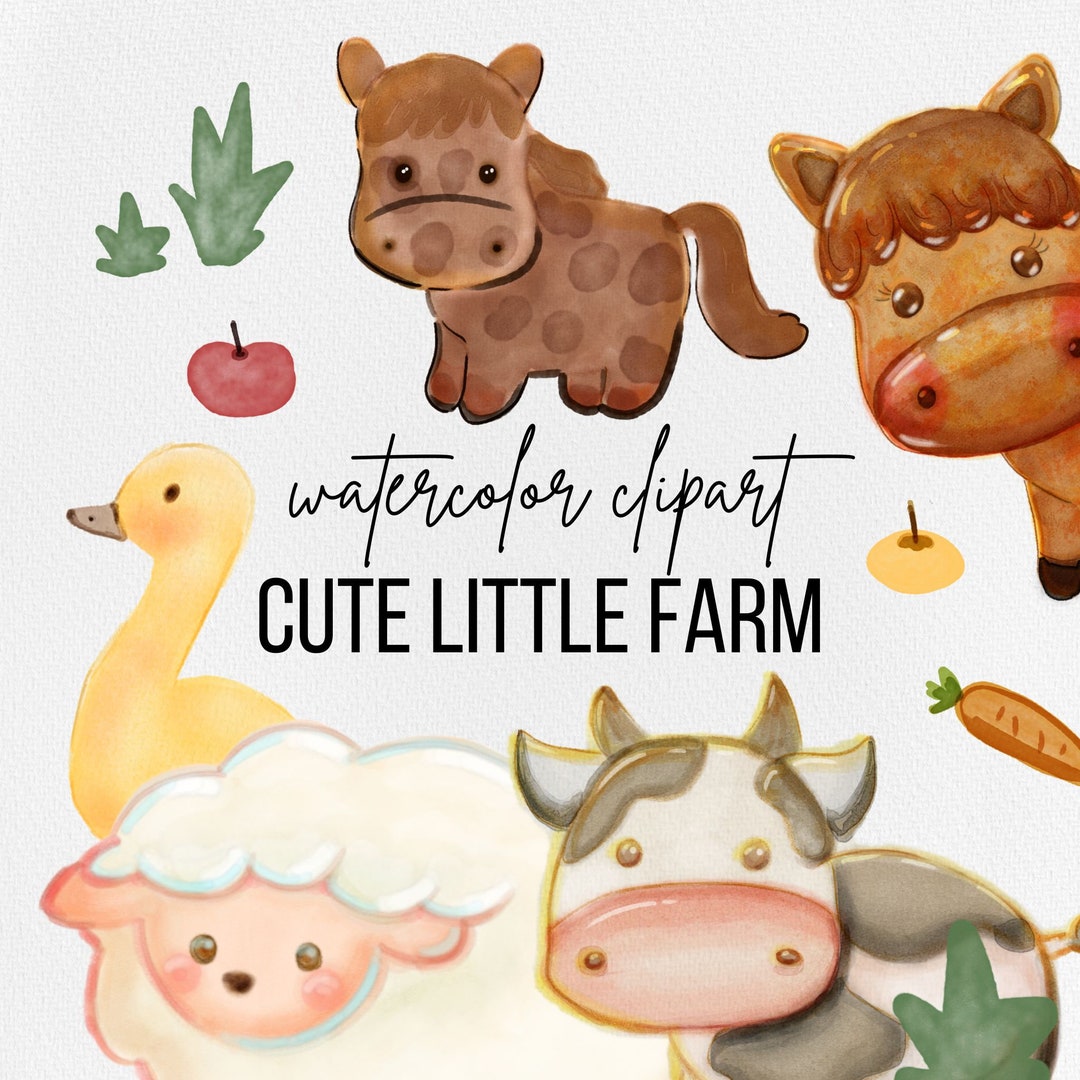 Cute Little Farm Clipart, Watercolor Farm Animals PNG Digital Clip Art ...
