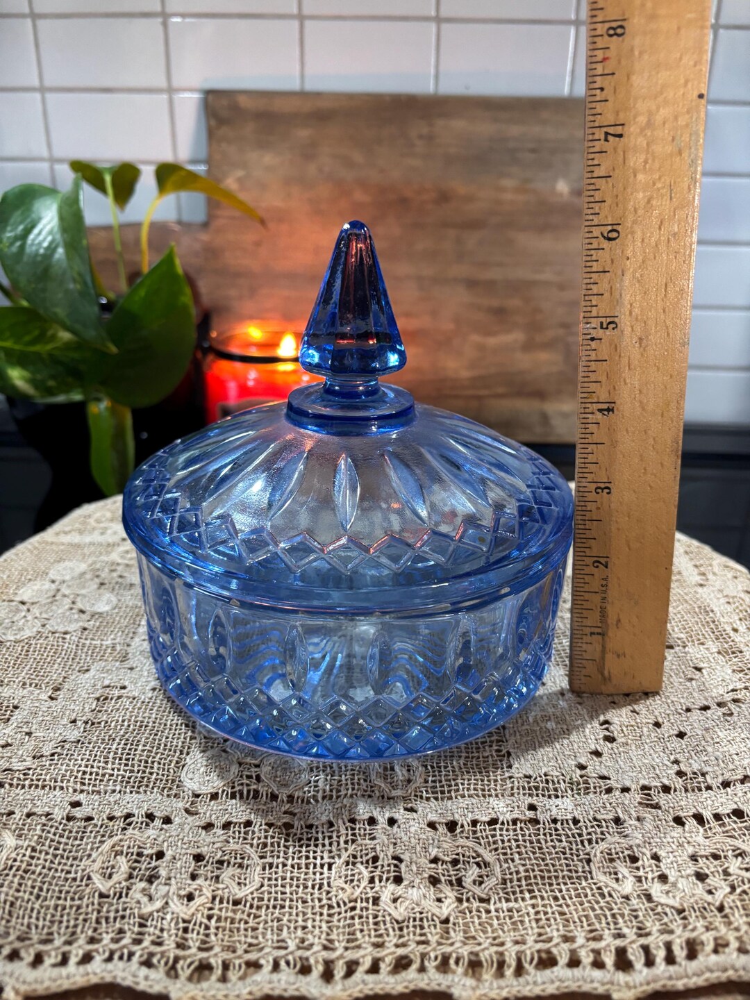 Vintage Indiana Glass Blue Candy Dish With Lid: Diamond Point Pattern ...
