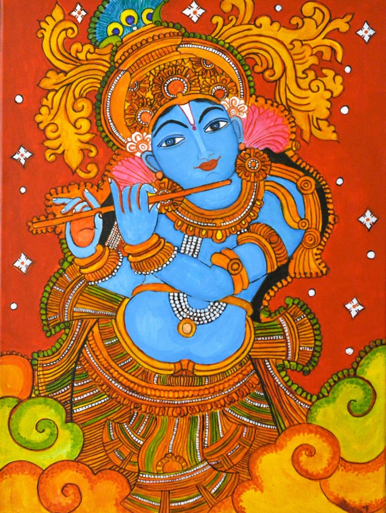 Lord Krishna Kerala Mural Painting in Acrylic, Hand-painted Traditional ...