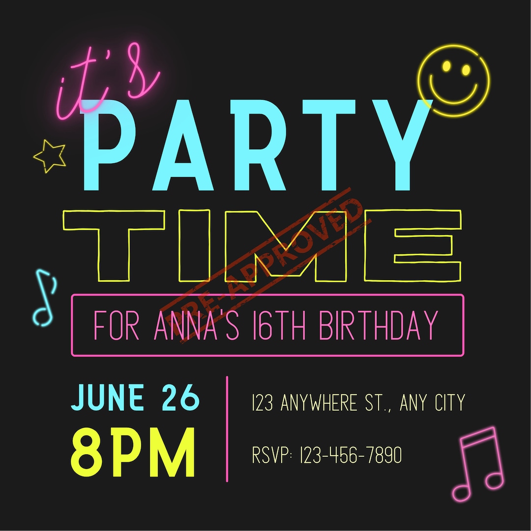 Personalized Printable Birthday Invitation Neon Multi Color on Black - Etsy