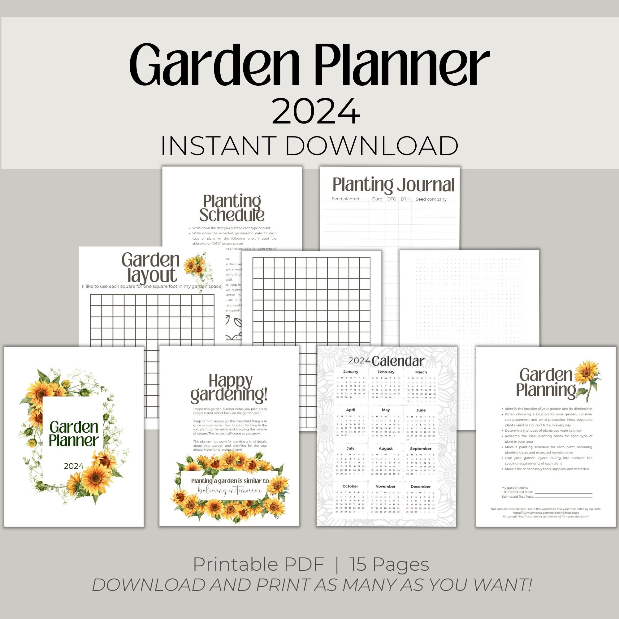 2024 Printable Garden Planner, Sunflower Theme Planner, Digital ...