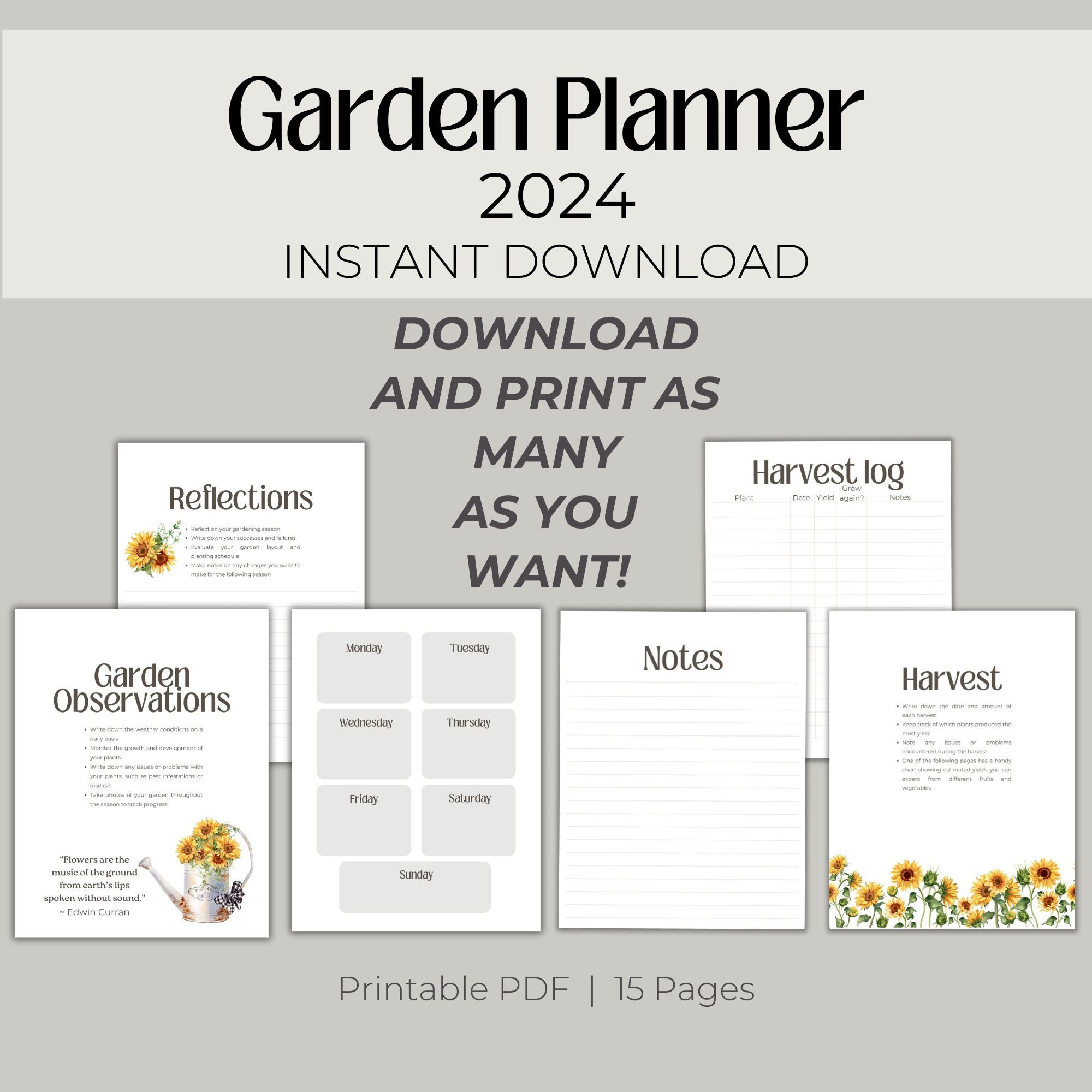 2024 Printable Garden Planner, Sunflower Theme Planner, Digital ...