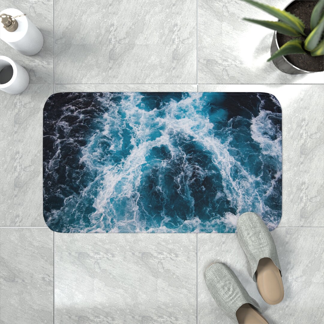 Ocean Waves Water Bath Mat Coastal Bathroom Nautical Design Ocean Bath ...
