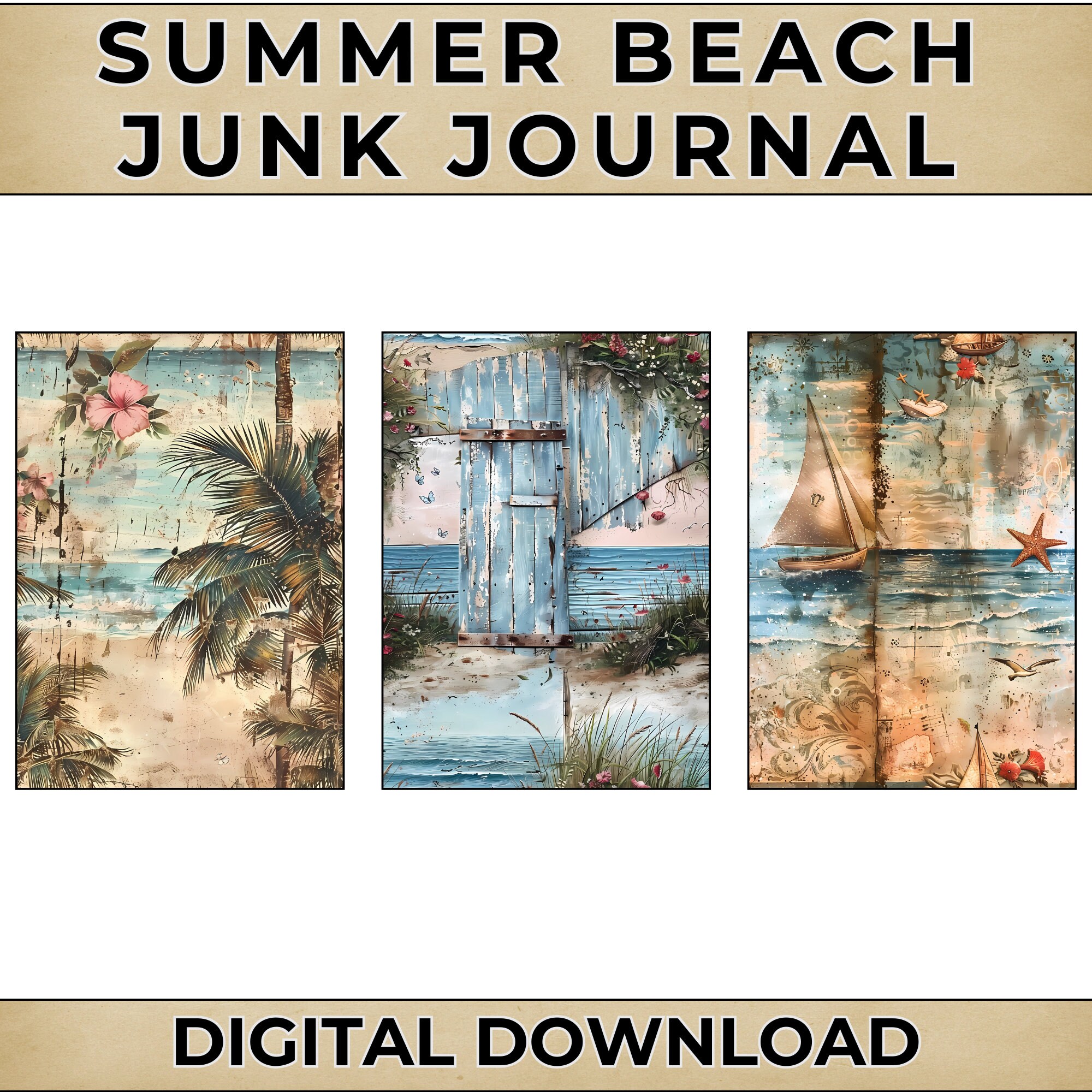 Summer Beach Junk Journal, Printable Pages, Collage Sheet, Nautical ...