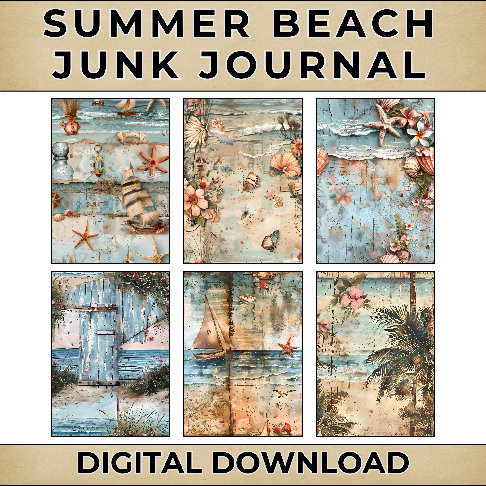 Summer Beach Junk Journal, Printable Pages, Collage Sheet, Nautical ...