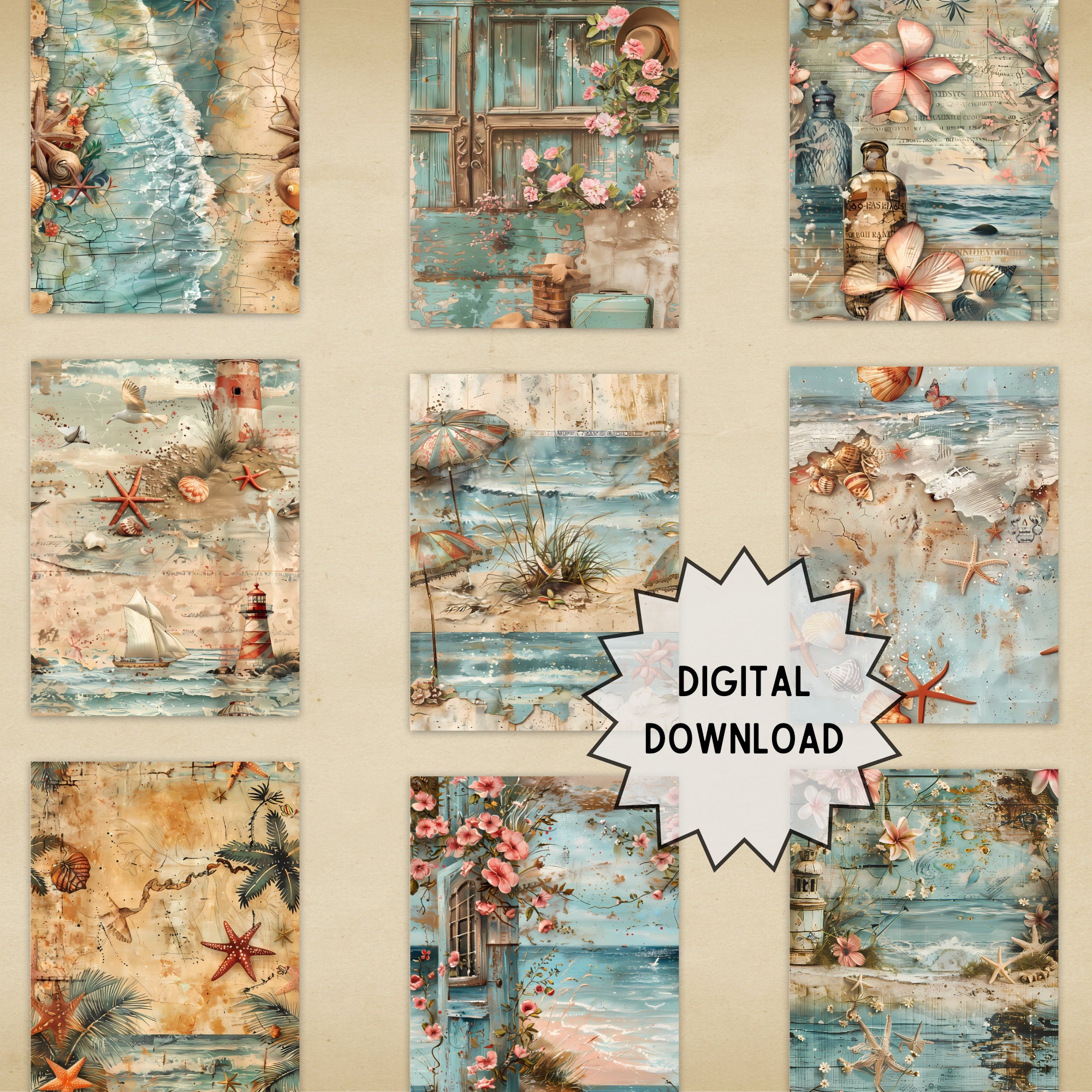 Summer Beach Junk Journal, Printable Pages, Collage Sheet, Nautical ...