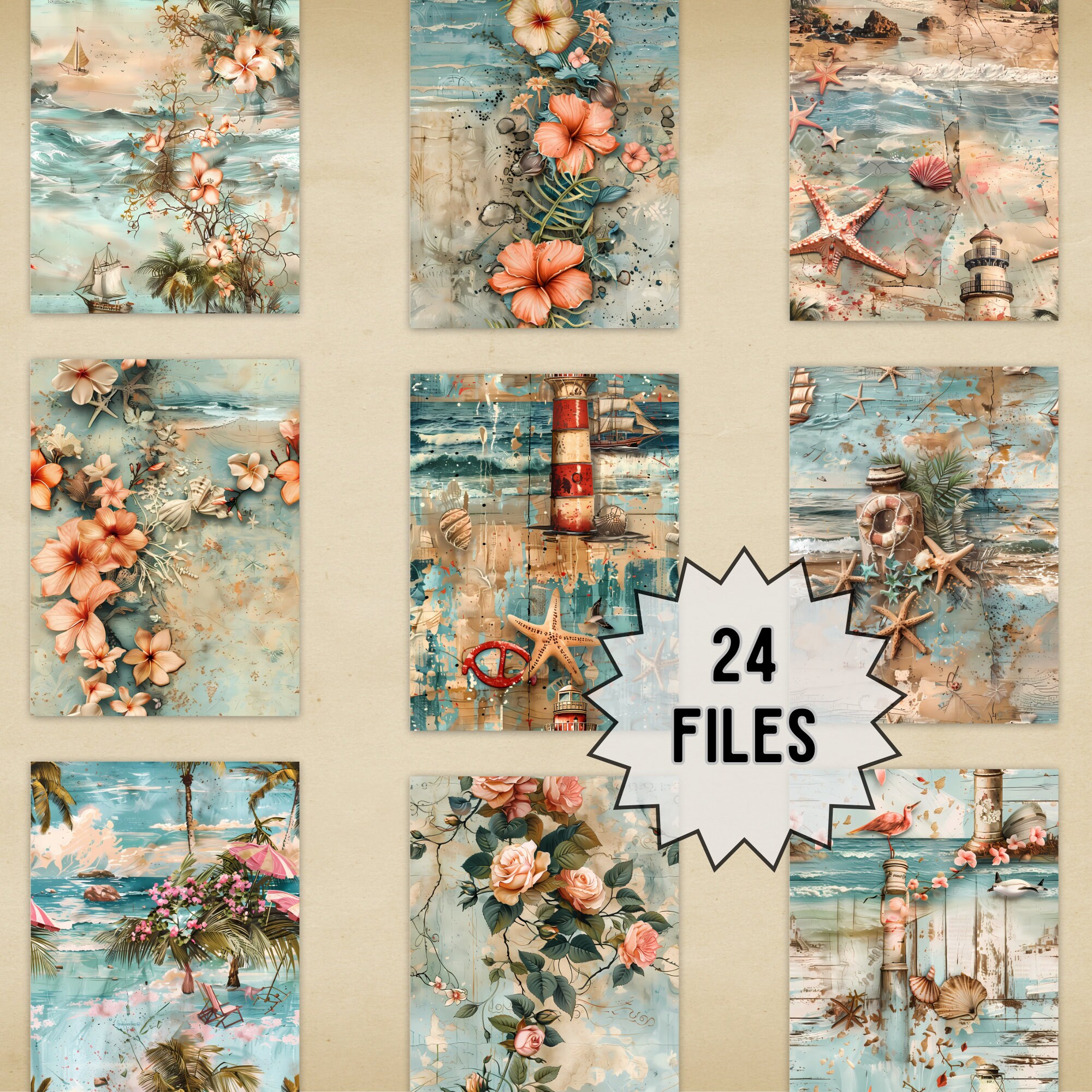 Summer Beach Junk Journal, Printable Pages, Collage Sheet, Nautical ...