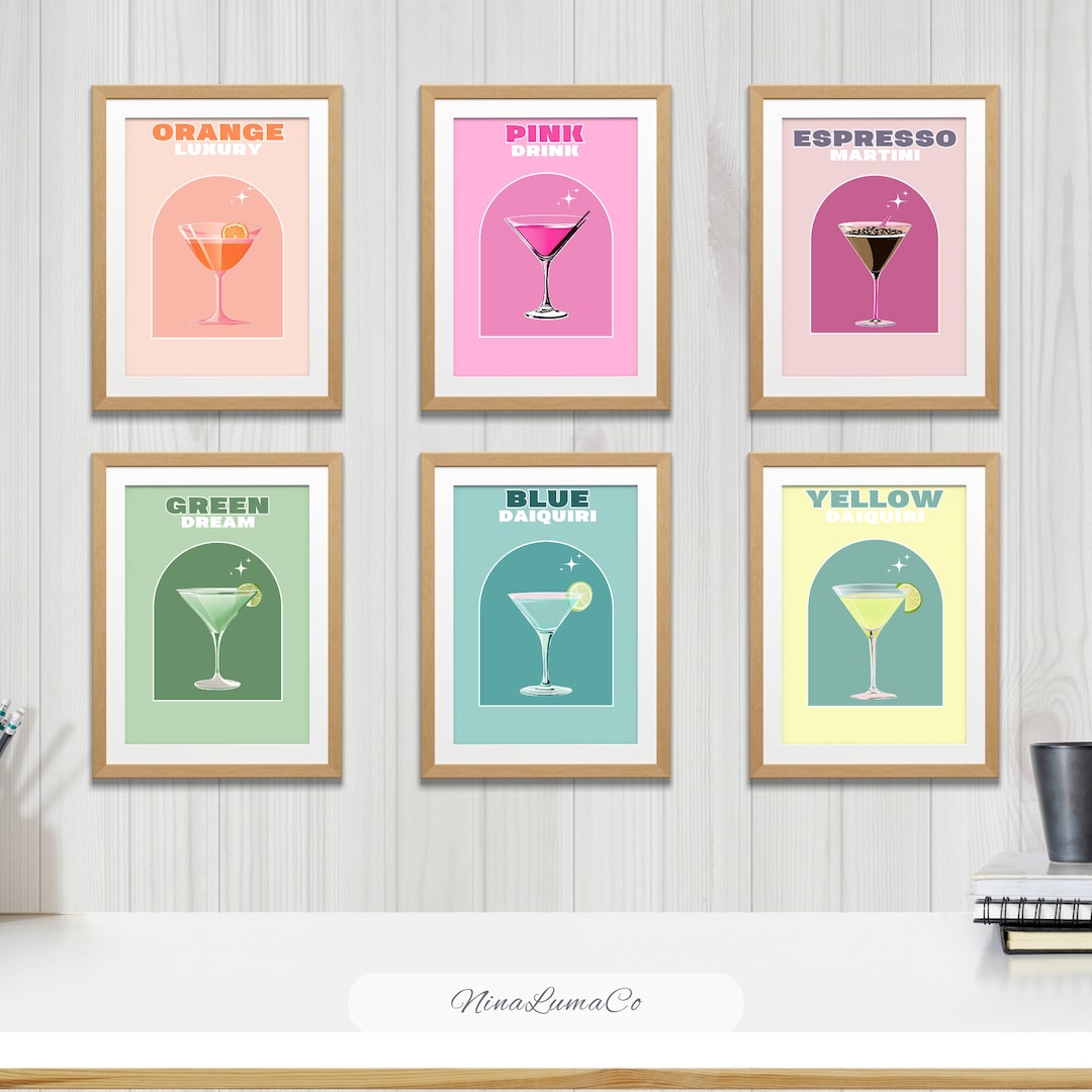Retro Cocktail Print Set of 6, Cocktail Printable Wall Art, Trendy ...