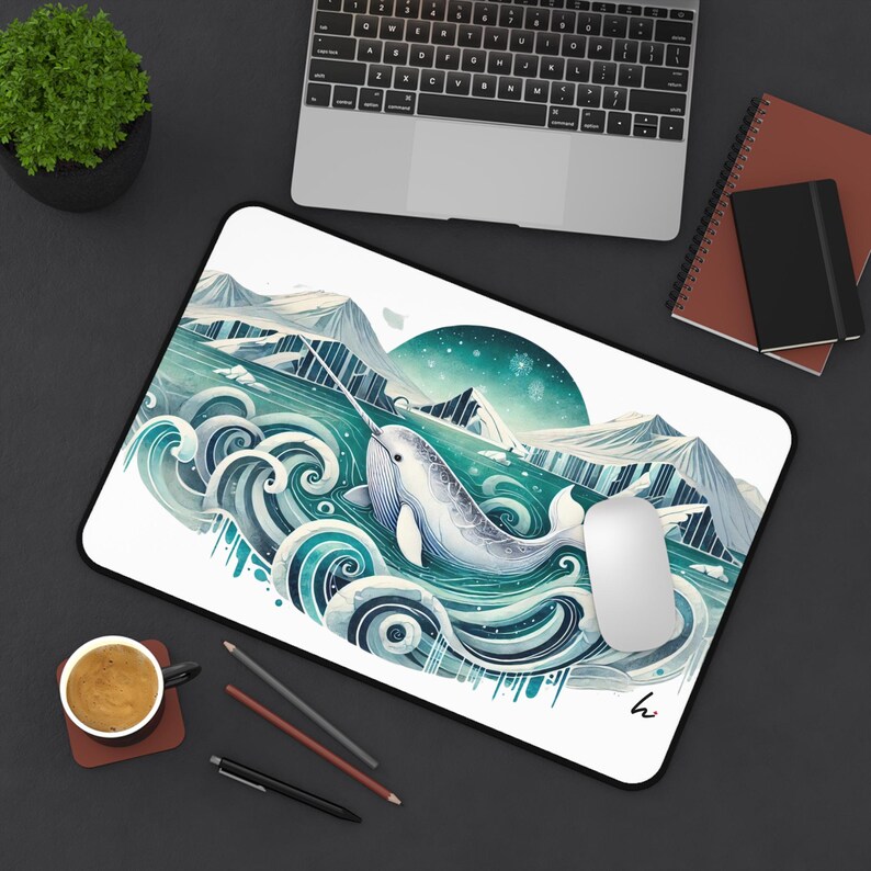 Ocean Wave Narwhal Desk Mat, Nautical Mouse Pad, Home Office Decor ...