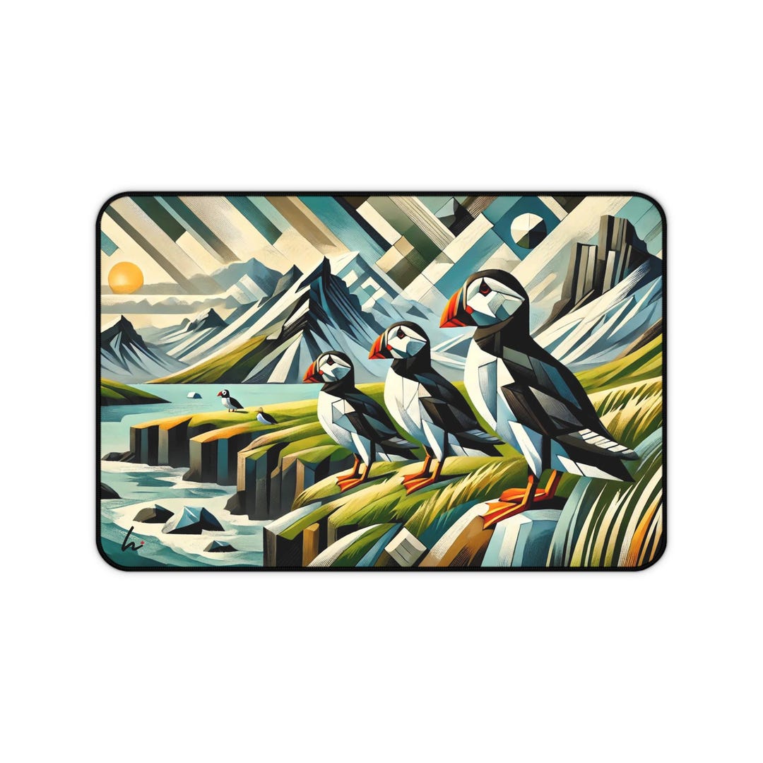 Desk Mat, Cubism Art Puffin, Colorful Cliff Sea Nature, Mouse Pad ...