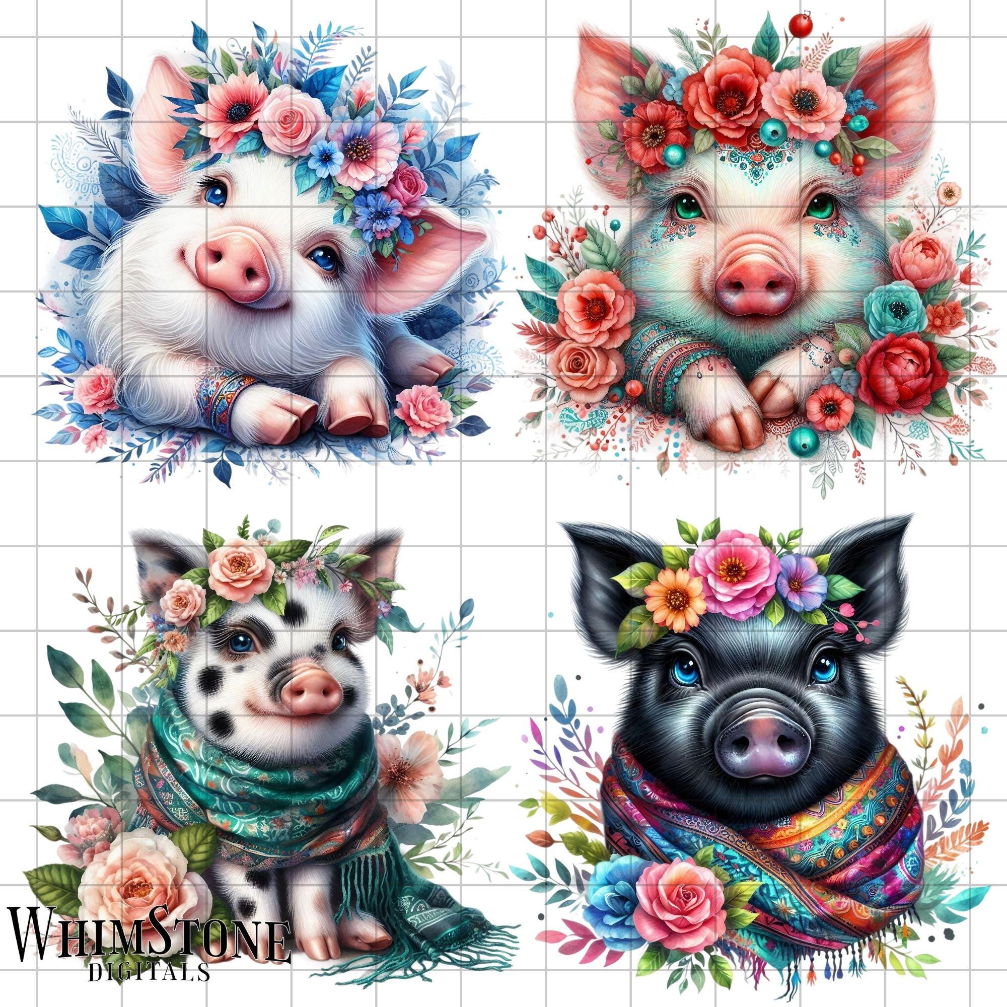 PNG Watercolor Boho Pig Clipart Bundle Nursery Wall Art Files Glass Jar ...