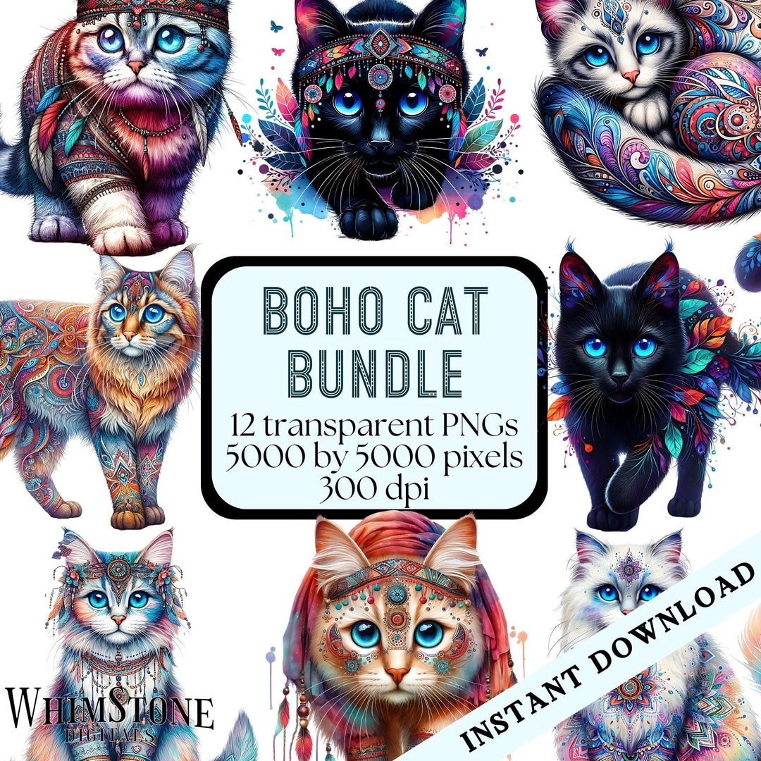 Watercolor Boho Cat Clipart Bundle, Colorful Cat PNG Bundle, Nursery ...