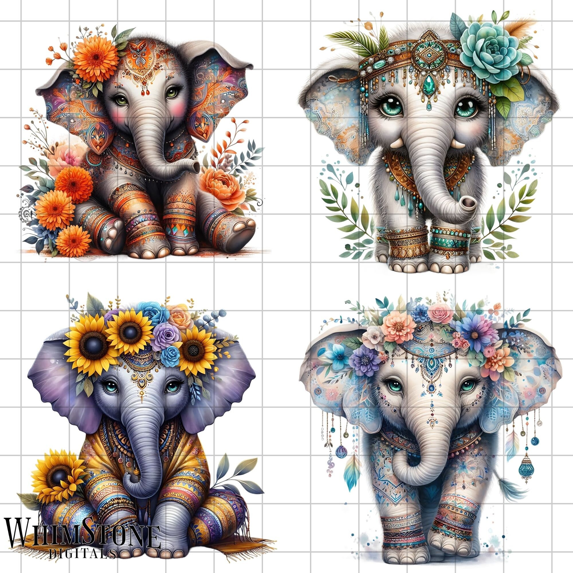 Watercolor Boho Baby Elephant Clipart Bundle, Floral Elephant PNG ...