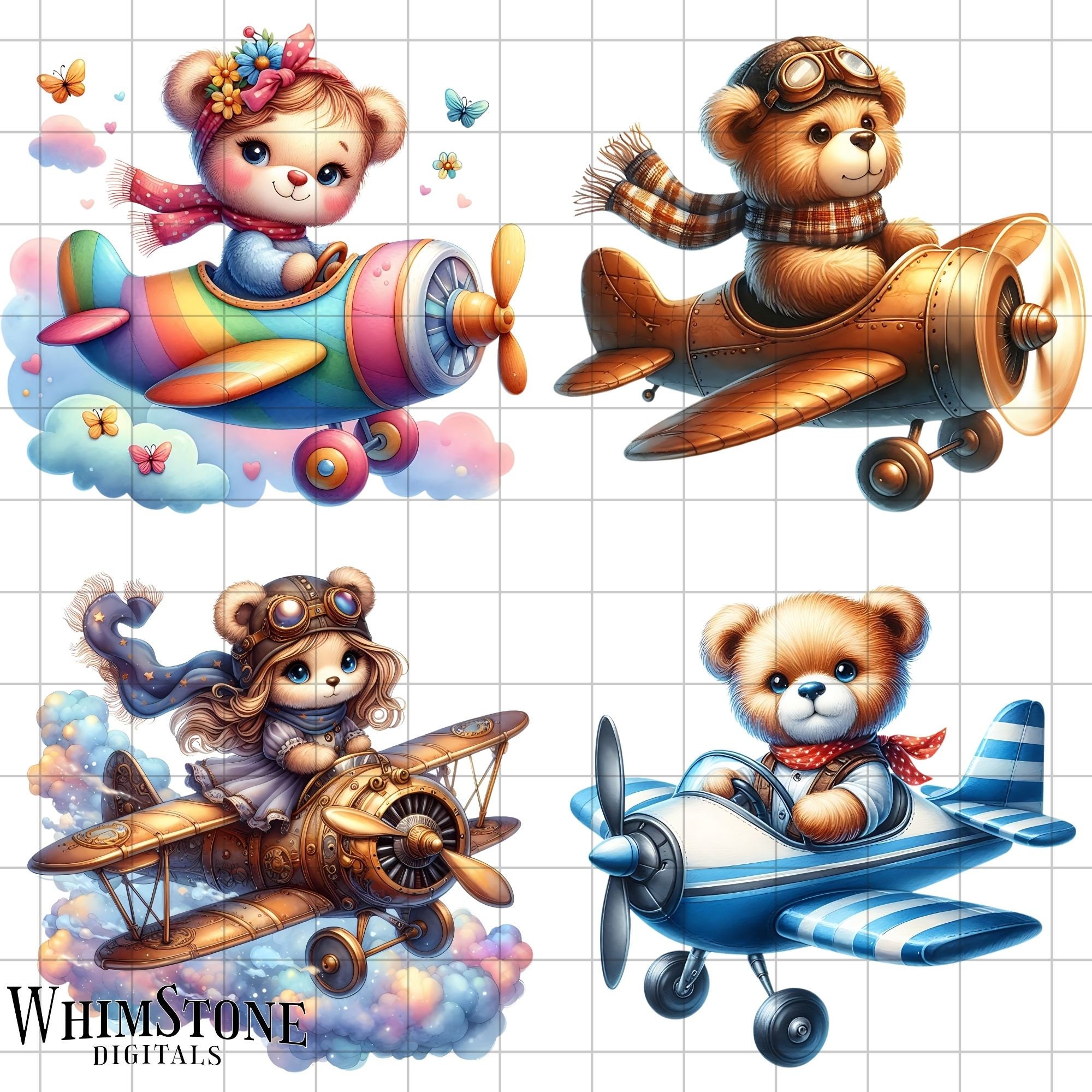 Watercolor Flying Teddy Bear Clipart Bundle, Teddy Bears in Planes ...