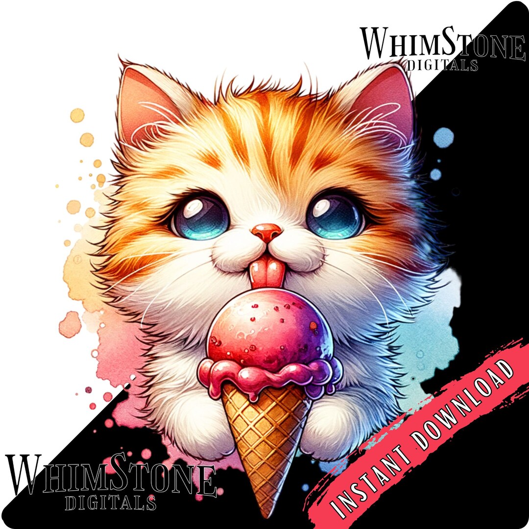 Watercolor Cat Licking Ice Cream PNG, Cat Dtf, Watercolor Sublimation ...