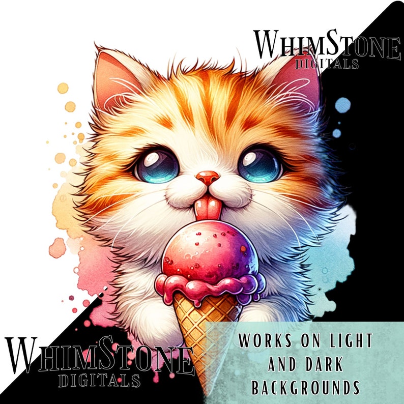 Watercolor Cat Licking Ice Cream PNG, Cat Dtf, Watercolor Sublimation ...