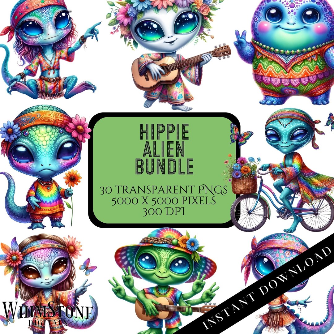 Hippie Aliens Clipart Bundle, Groovy Alien PNG Bundle, Cute Alien Pngs ...