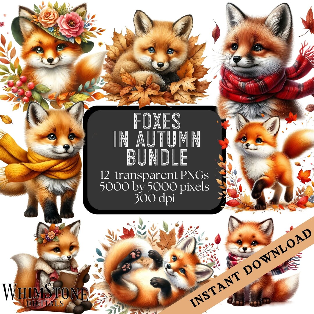 Foxes in Autumn Clipart Bundle, Autumn PNG Bundle, Fall Foxes Pngs, Fox ...