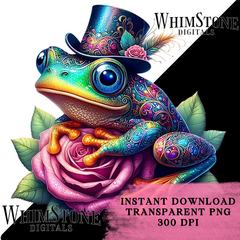 Whimsical Frog on a Rose PNG, Artsy Frog DTF, Colorful Frog Clipart ...