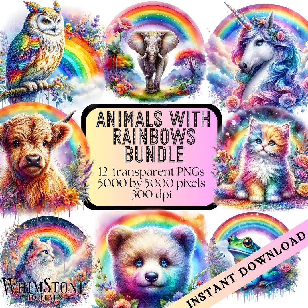 Animals With Rainbows Clipart Bundle, Colorful Animal PNG Bundle ...