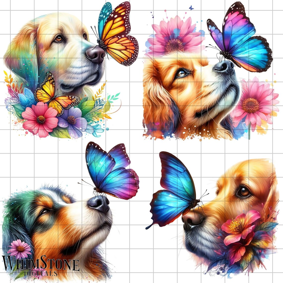Watercolor Dogs and Butterflies Clipart Bundle, Butterfly on Dog Nose ...