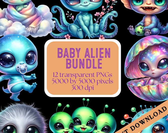 Cute Baby Alien Clipart Bundle, Alien Babies PNG Bundle, Fun Nursery ...
