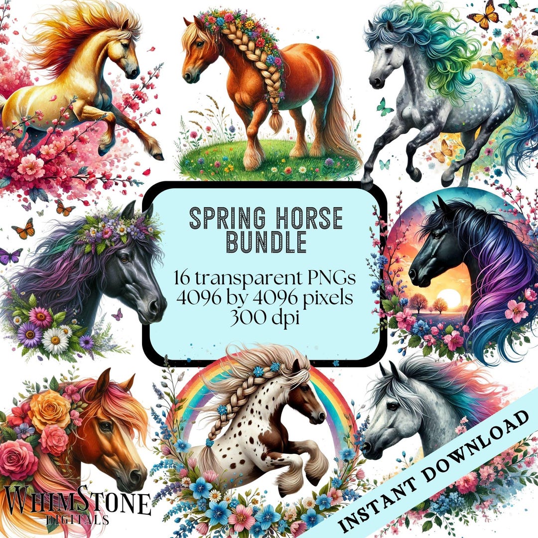 Watercolor Spring Horse Clipart Bundle, Springtime PNG Bundle, Colorful ...