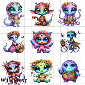 Hippie Aliens Clipart Bundle, Groovy Alien PNG Bundle, Cute Alien Pngs ...