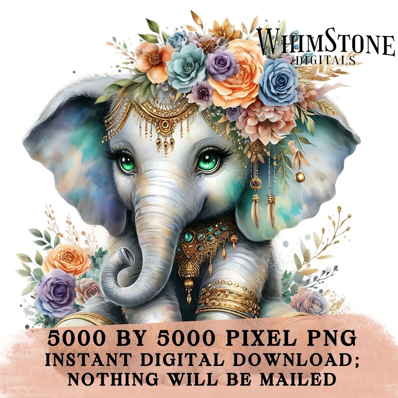 Watercolor Boho Baby Elephant Clipart Bundle, Floral Elephant PNG ...