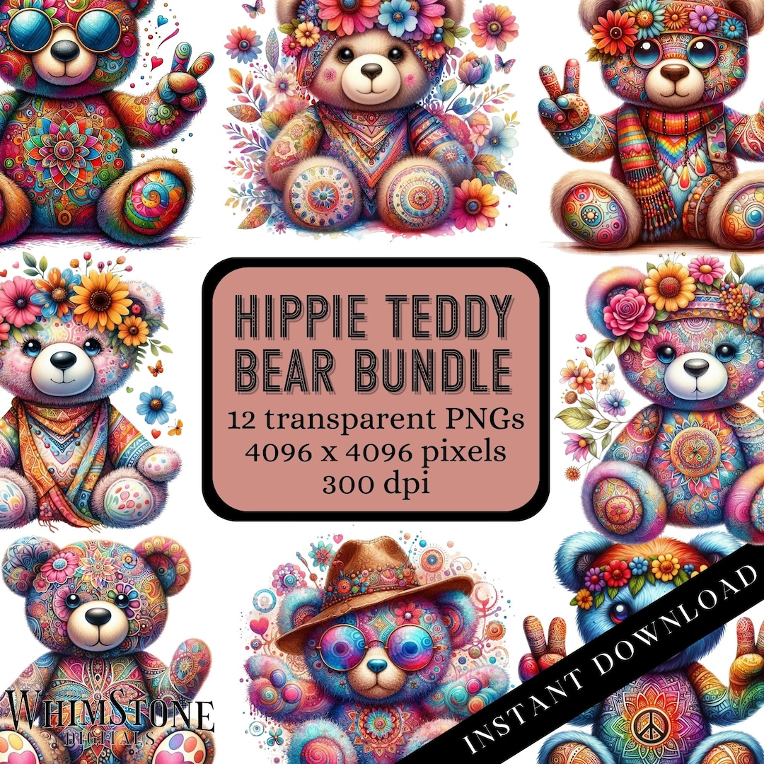Watercolor Hippie Teddy Bear Clipart Bundle, 60s Hippie Clipart, Floral ...
