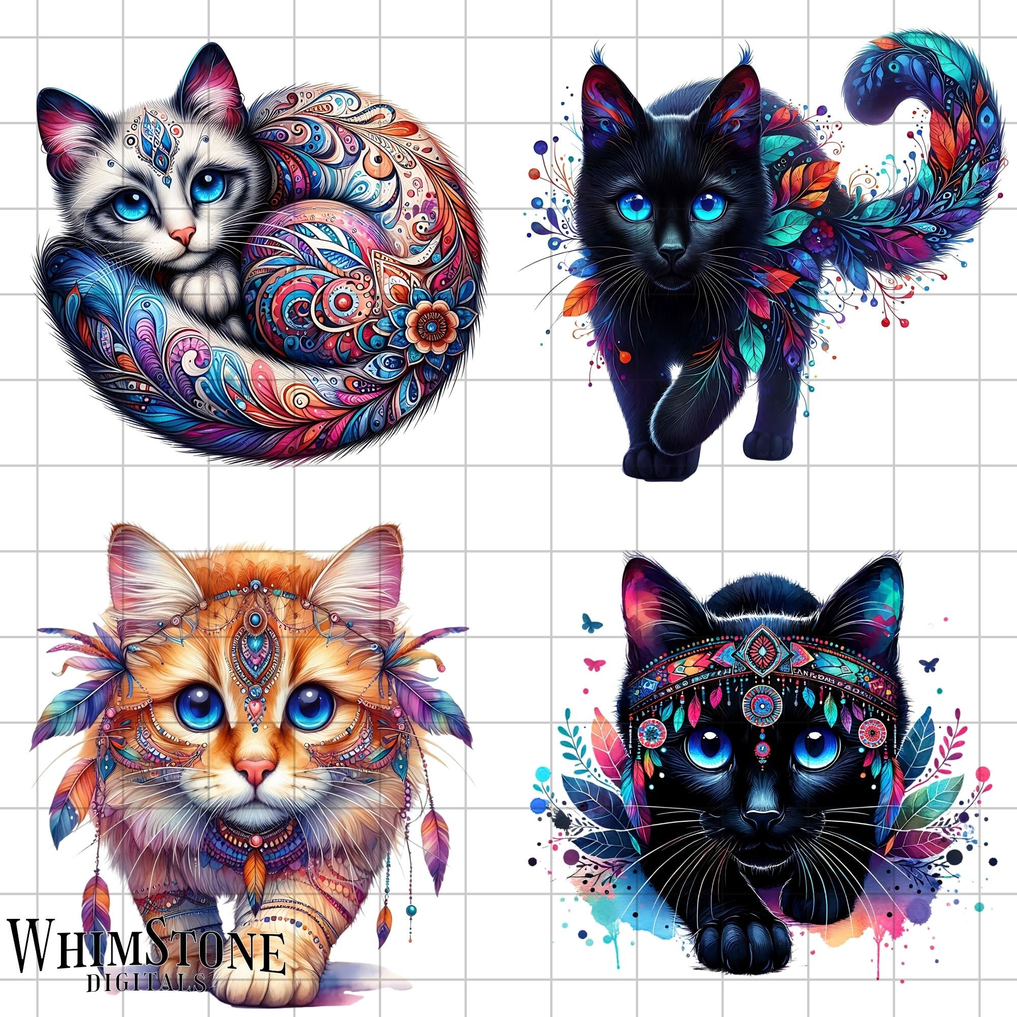 Watercolor Boho Cat Clipart Bundle, Colorful Cat PNG Bundle, Nursery ...