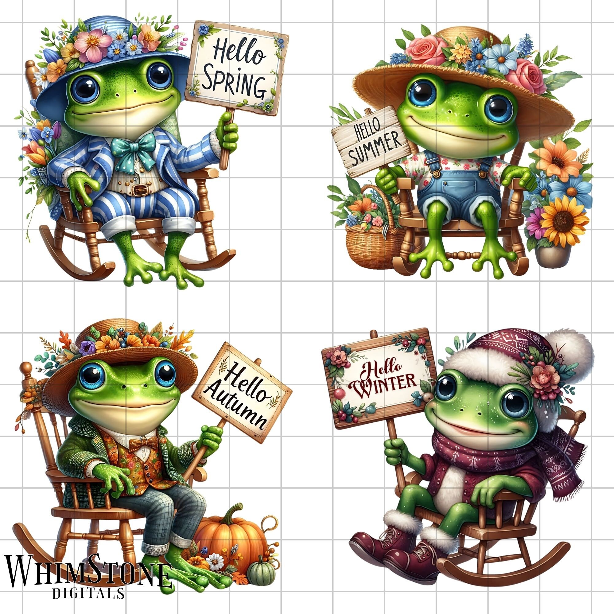 Watercolor Seasonal Frog Clipart Bundle, Hello Seasons Frogs PNG Bundle ...