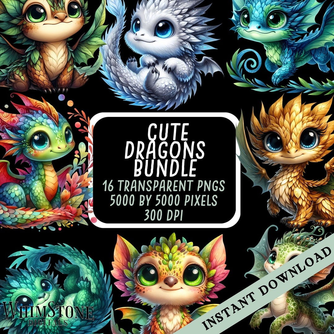 Cute Dragon Clipart Bundle, Adorable Baby Dragons PNG Bundle, Leafy Dragons, Earthy Mystical ...
