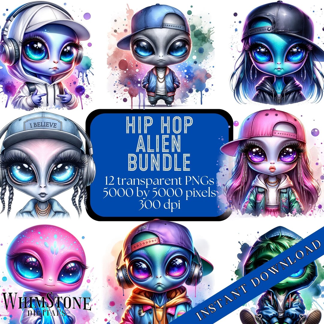 Watercolor Hip Hop Alien Clipart Bundle, Cool Alien PNG Bundle, Fun ...