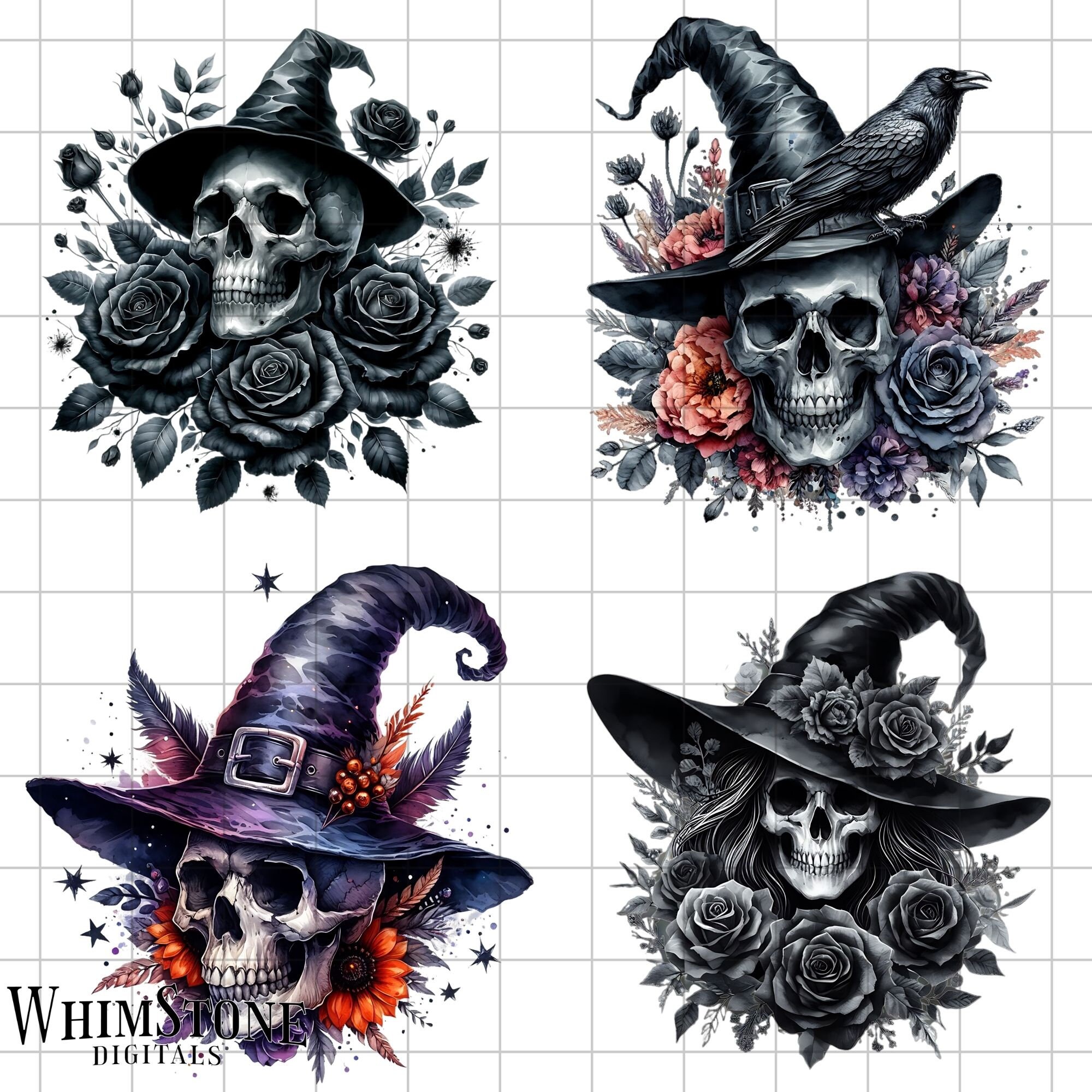 Watercolor Witchy Skull Clipart Bundle, Gothic Floral Skull Pngs ...