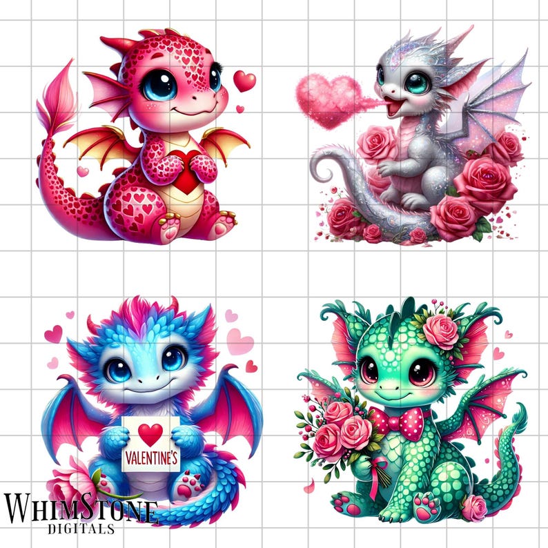 Valentine Dragon Clipart Bundle, Adorable Baby Dragons PNG Bundle ...