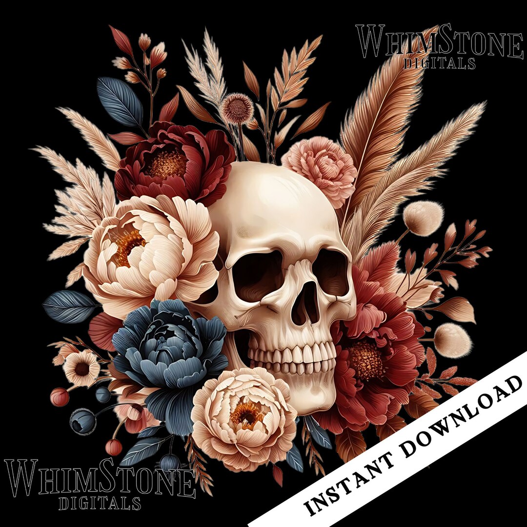 Fall Floral Skull PNG, Skull Dtf Design, Autumn Flowers With Skull ...