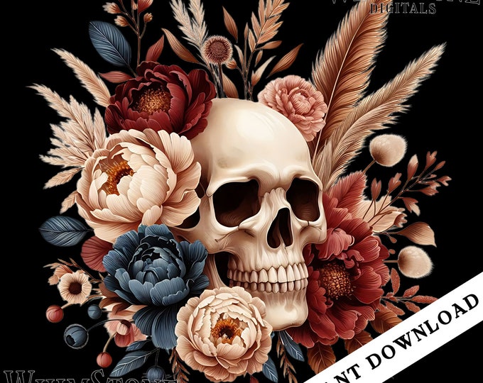 Fall Floral Skull PNG, Skull Dtf Design, Autumn Flowers With Skull ...
