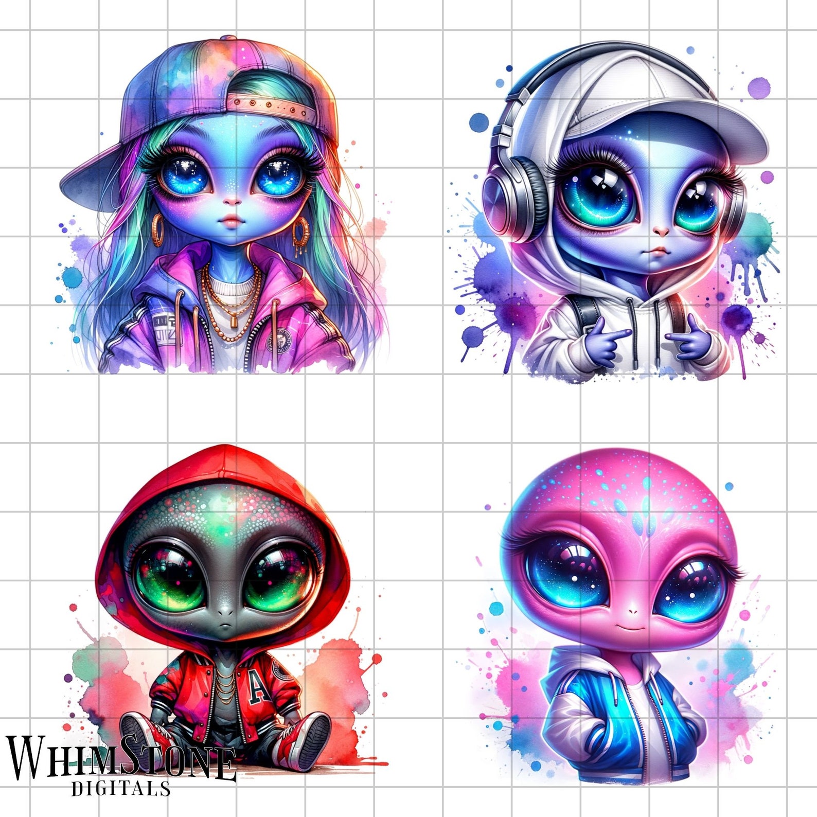 Watercolor Hip Hop Alien Clipart Bundle, Cool Alien PNG Bundle, Fun ...