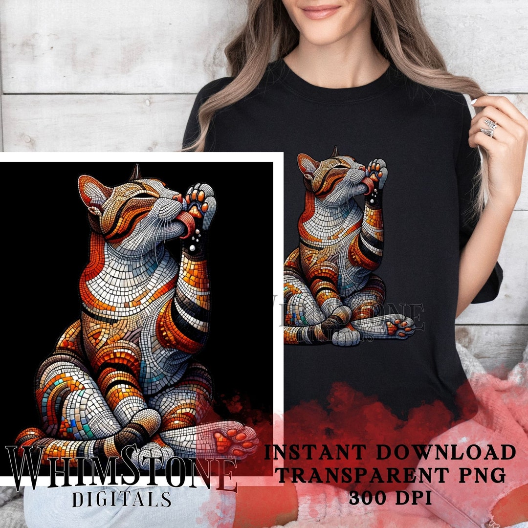 Mosaic Cat PNG Cat Dtf Design Cat Licking Paw Sublimation Whimsical ...