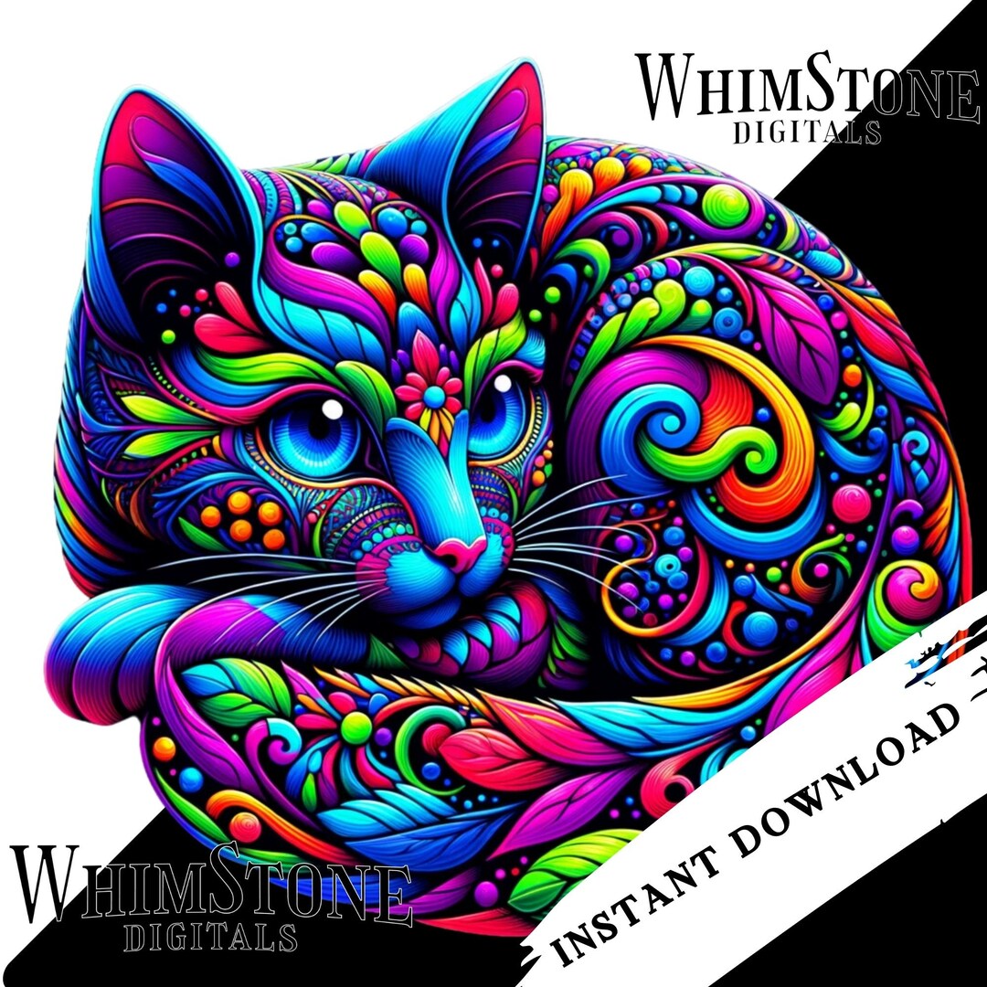 Psychedelic Cat PNG, Cat DTF Design, Kitty T-shirt Graphic, Colorful ...