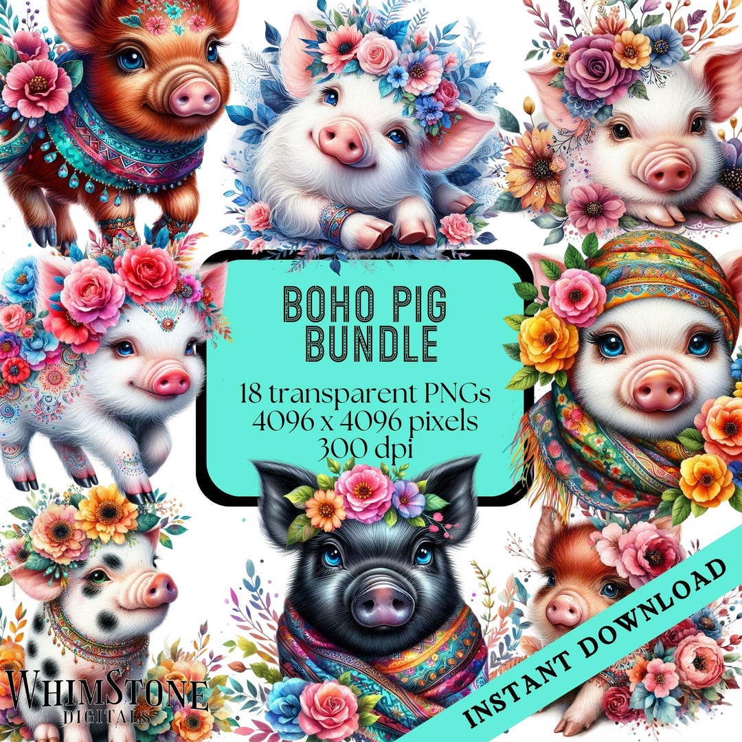 PNG Watercolor Boho Pig Clipart Bundle Nursery Wall Art Files Glass Jar ...